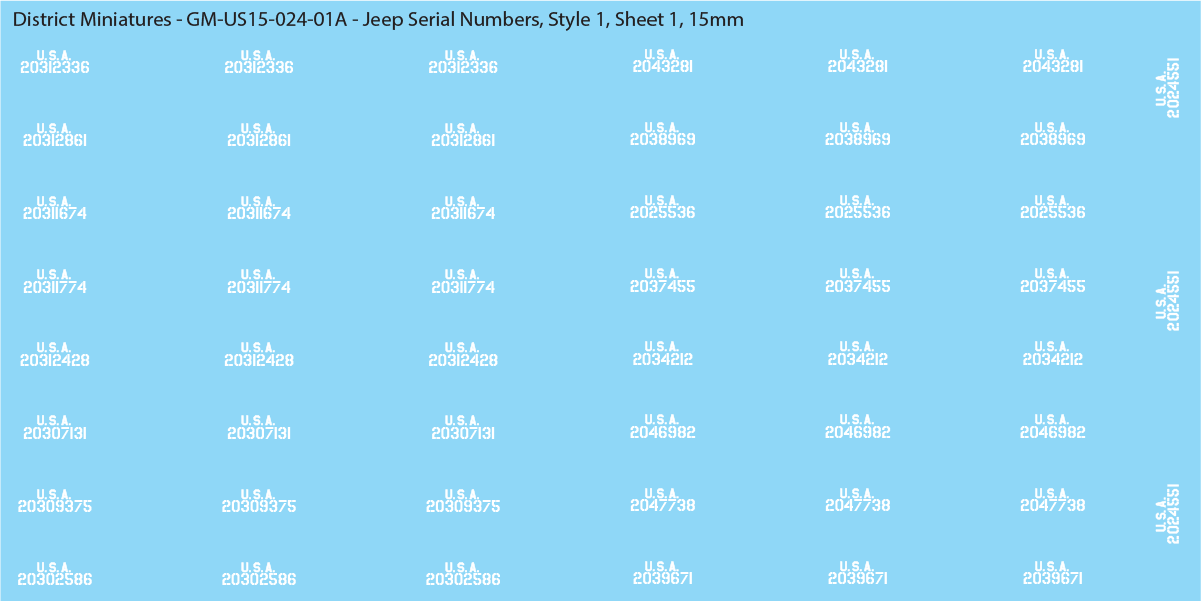 WW2 US Jeep Vehicle Numbers, 15mm Decals – District Miniatures