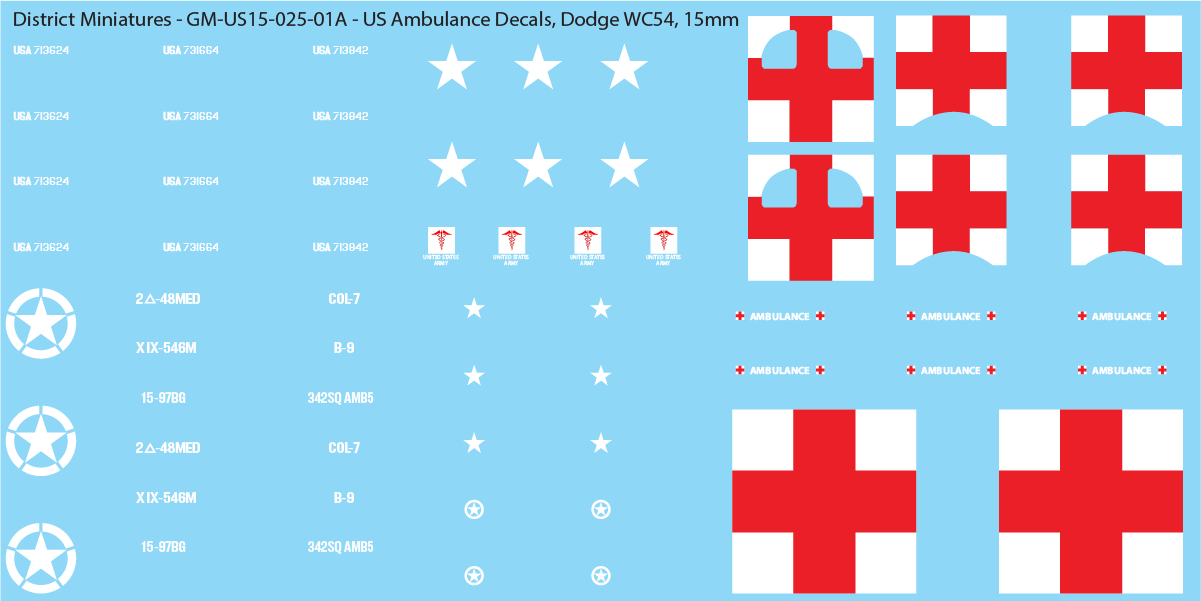 US Ambulance Decals (Multiple Options), 15mm Decals – District Miniatures