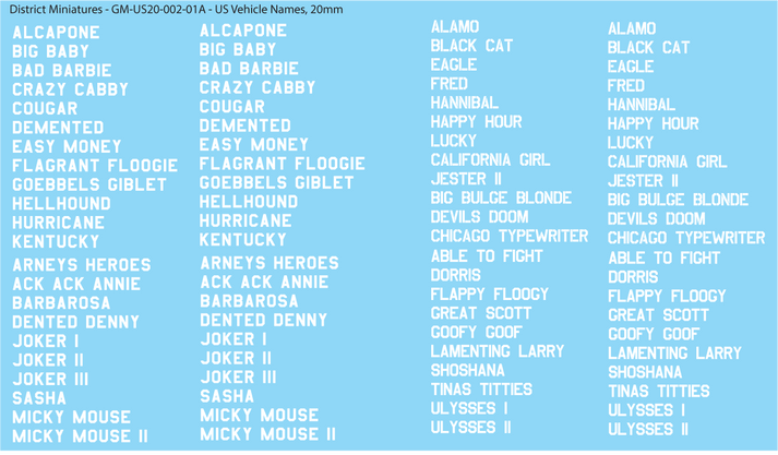 WW2 US Vehicle Names, 20mm Decals – District Miniatures