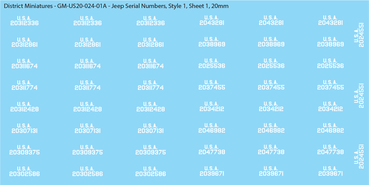 WW2 US Jeep Vehicle Numbers, 20mm Decals – District Miniatures