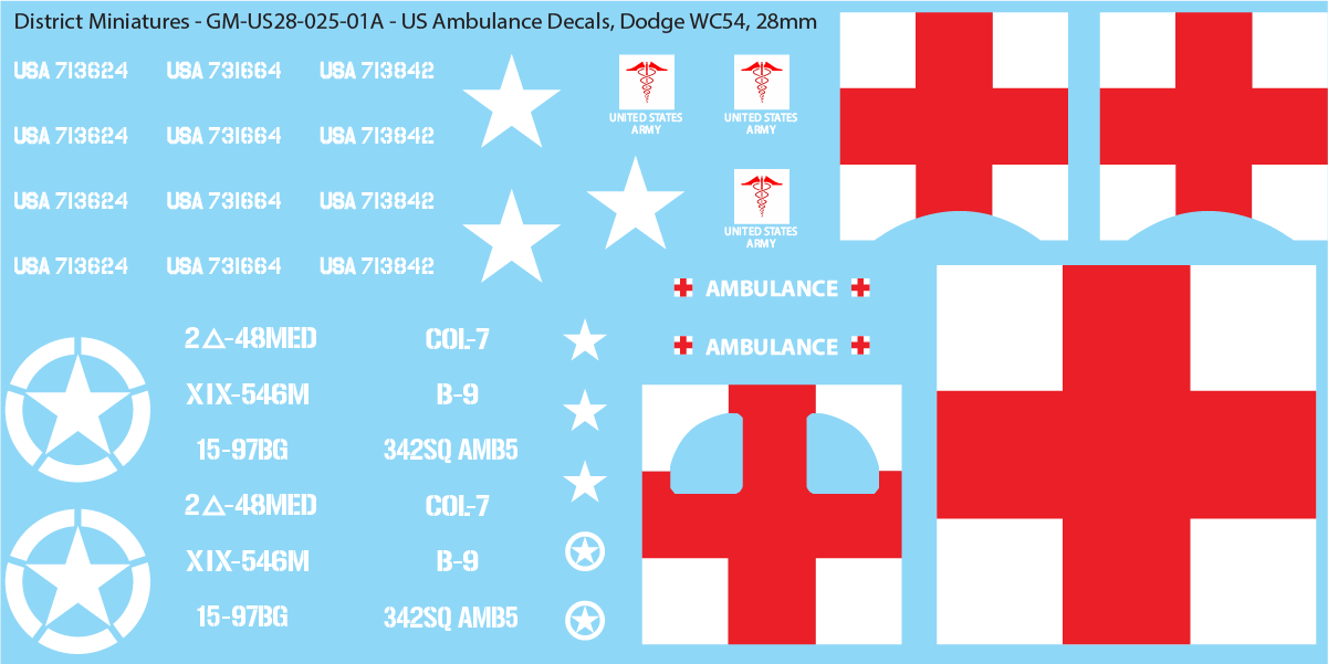US Ambulance Decals (Multiple Options), 28mm Decals – District Miniatures