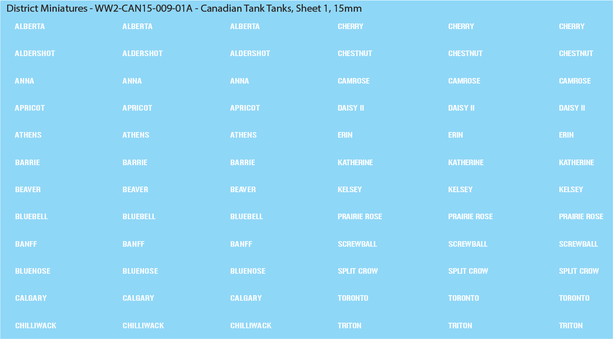 WW2 Canada - Canadian Tank Names, 15mm Decals – District Miniatures