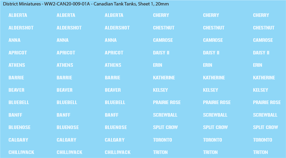 WW2 Canada - Canadian Tank Names, 20mm Decals – District Miniatures